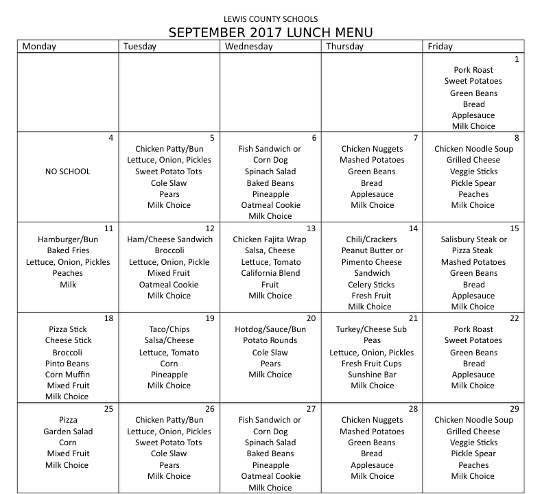 British School Lunch Menu